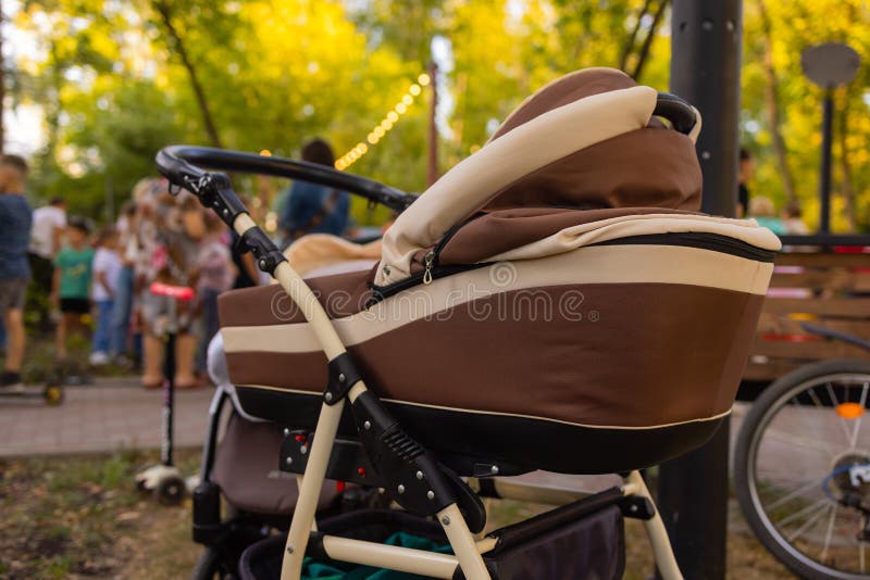 Empty Baby Stroller for Boys in the Park. Stock Image - Image of gray ...