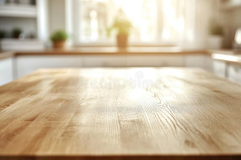 Empty Background of Wooden Table Top in Bright Kitchen in the Morning ...