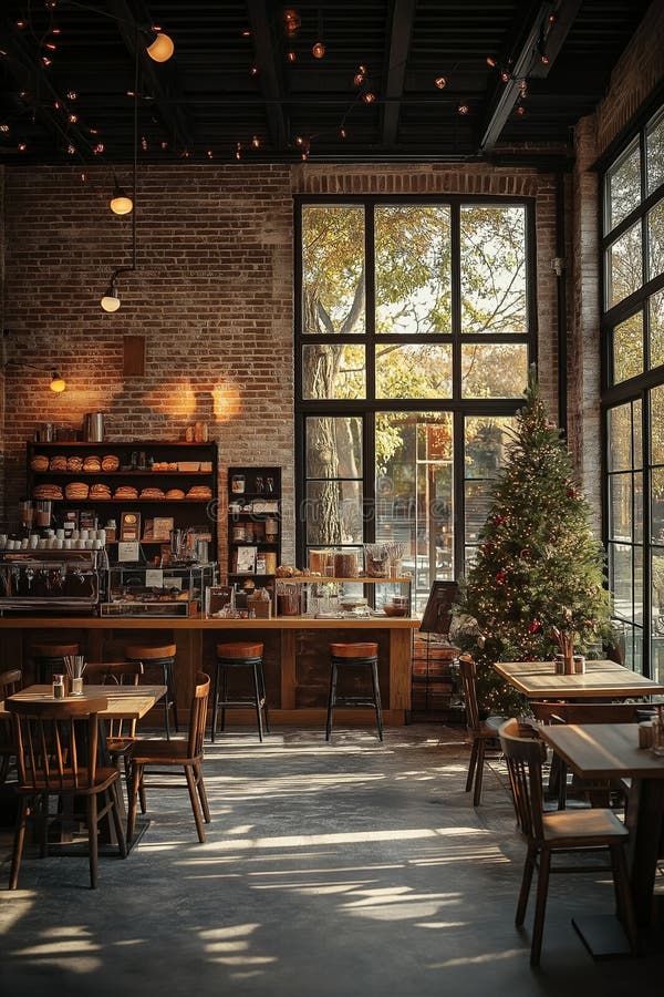 Empty Bakery Interior with Exposed Brick Wall and Christmas Tree Stock ...