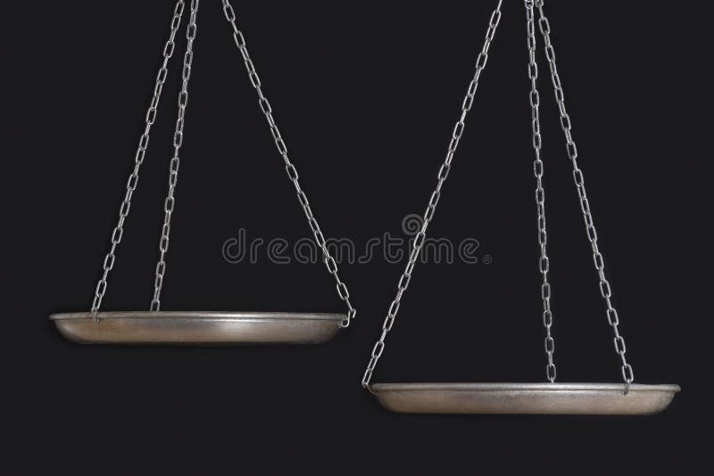 Empty Balance Scales on Black Background, Close Up. Front View. Copy ...