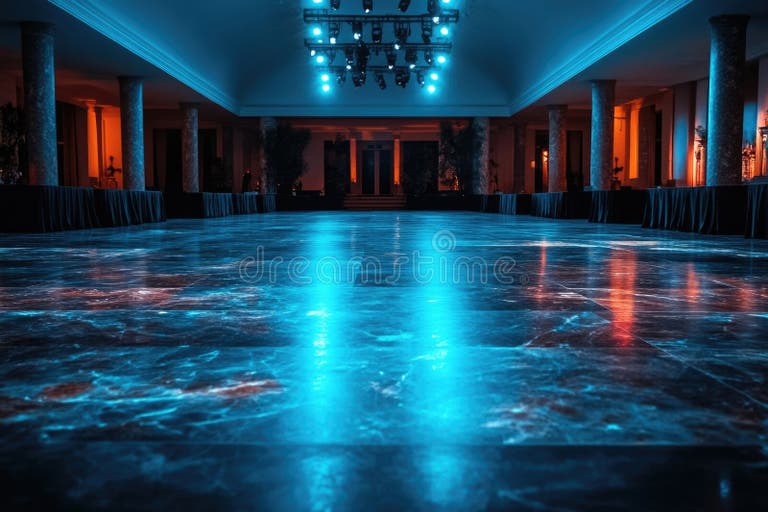 Empty Ballroom with Blue Lit Marble Floor and Dramatic Lighting Stock ...