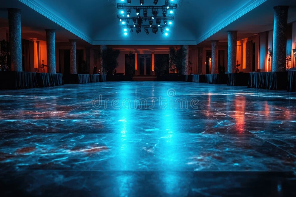 Empty Ballroom with Blue Lit Marble Floor and Dramatic Lighting Stock ...