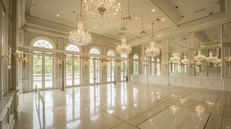 Empty Ballroom with Chandeliers and Windows Stock Photo - Image of ...