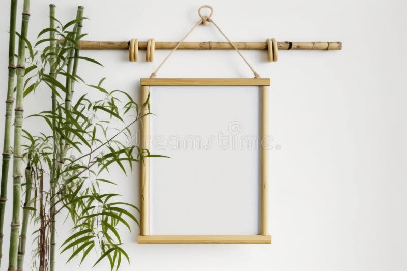 Empty Bamboo Frame Hanging on White Wall Indoors Stock Illustration ...