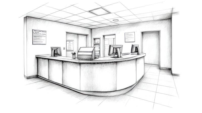 Empty Bank Interior with Reception Desk and Computers Pencil Drawing ...