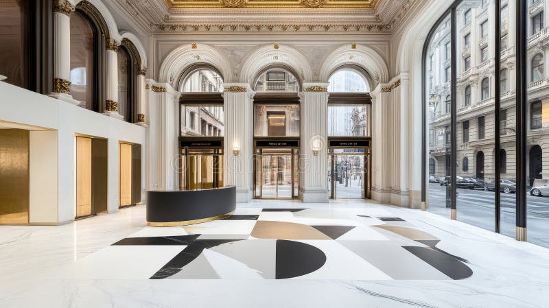 Empty Bank Lobby Features Marble Floors with Geometric Patterns, Gold ...