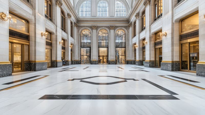 Empty Bank Lobby Features Marble Floors with Geometric Patterns, Gold ...