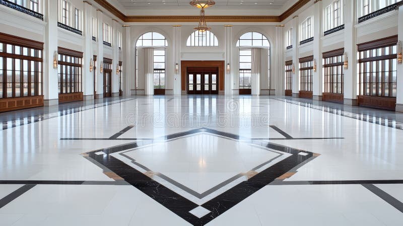 Empty Bank Lobby Features Marble Floors with Geometric Patterns, Gold ...