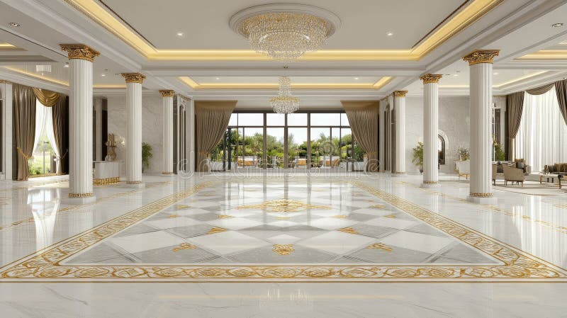 Empty Bank Lobby Features Marble Floors with Geometric Patterns, Gold ...