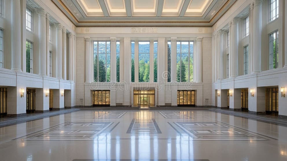 Empty Bank Lobby Features Marble Floors with Geometric Patterns, Gold ...