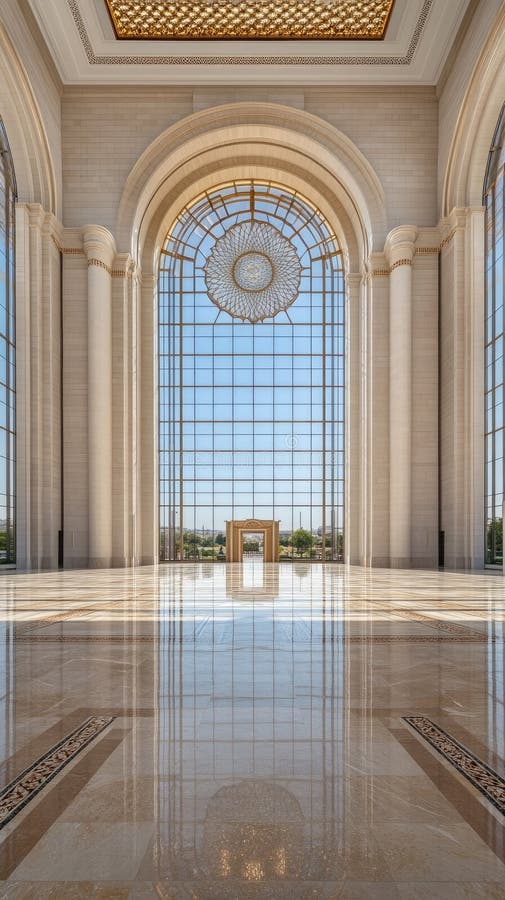 Empty Bank Lobby Features Marble Floors with Geometric Patterns, Gold ...