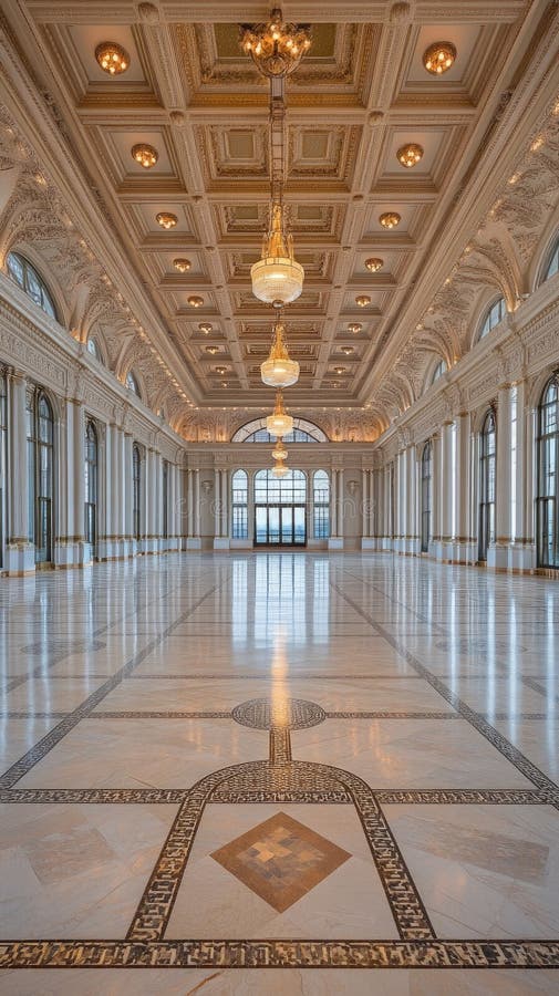 Empty Bank Lobby Features Marble Floors with Geometric Patterns, Gold ...