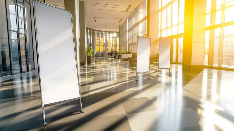 Empty Banner Stands in a Modern Office Lobby with Large Windows and ...