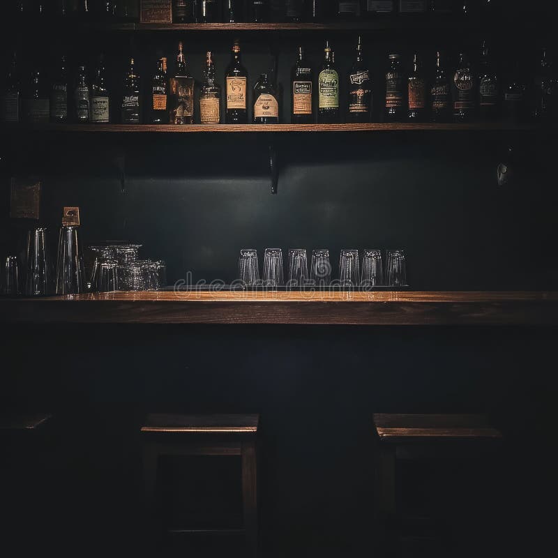 Empty Bar Counter with Chairs and Variety of Alcohol Bottles on Shelves ...