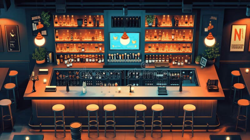 Empty Bar Counter Stools Lit Waiting Customers Illustration Stock ...