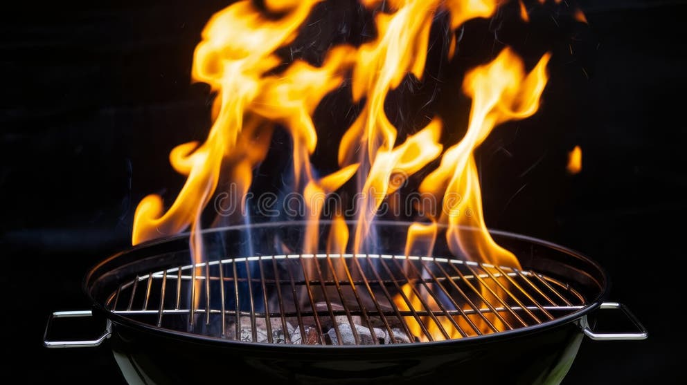 Empty Barbecue Grill with Flames. Fire Blazing on a Black Background ...