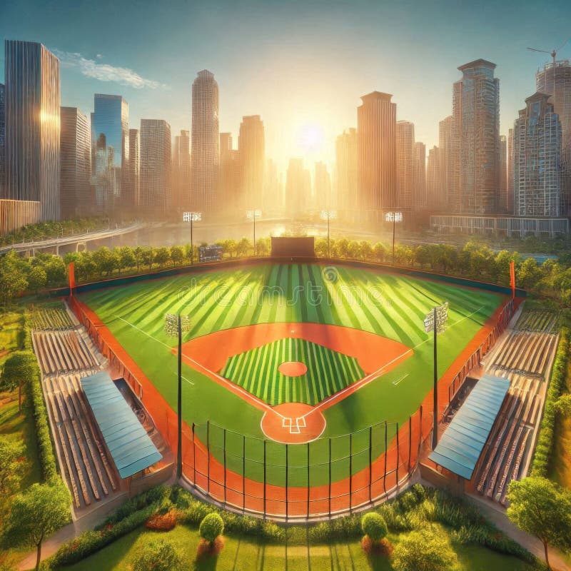 Empty Baseball Field in a Sunny Park with Lush Green Grass Stock ...