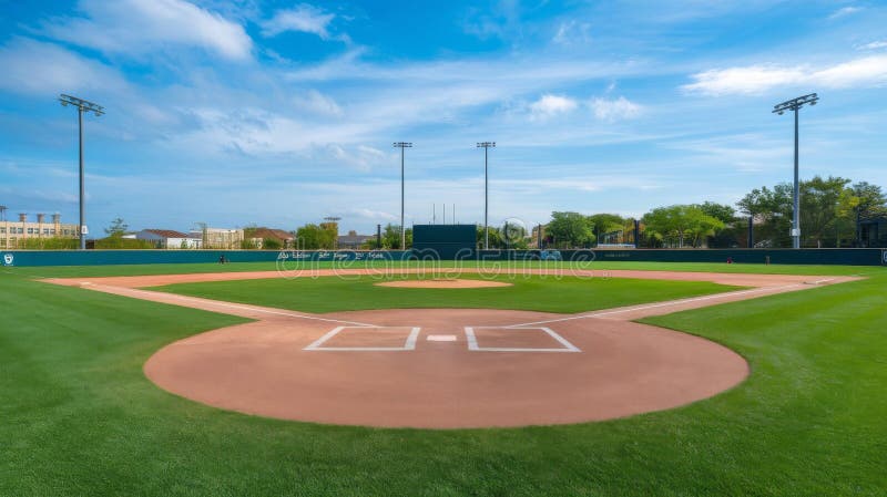 Empty Baseball Field in a Sunny Park with Lush Green Grass Stock ...