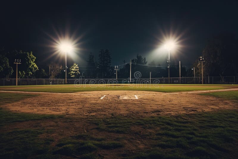 An Empty Baseball Field Under Bright Floodlights at Night, AI Generated ...