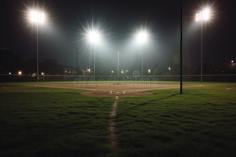 An Empty Baseball Field Under Bright Floodlights at Night, AI Generated ...