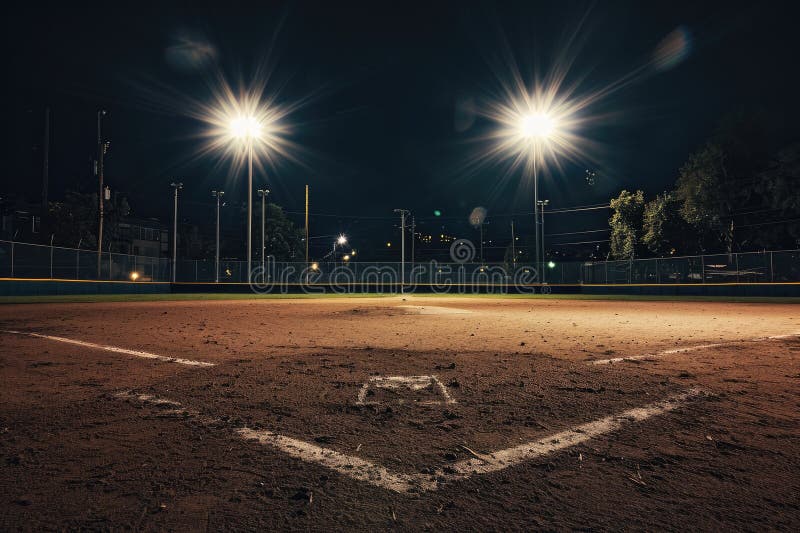 An Empty Baseball Field Under Bright Floodlights at Night, AI Generated ...