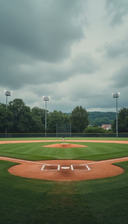 Empty Baseball Field Under Dramatic Cloudy Skies Stock Photo - Image of ...