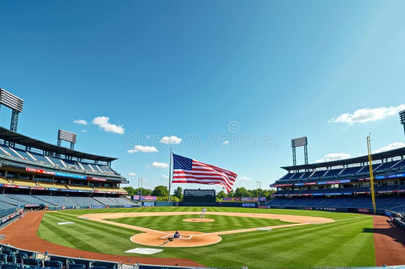 Empty Baseball Stadium with American Flag on a Sunny Day Stock Photo ...