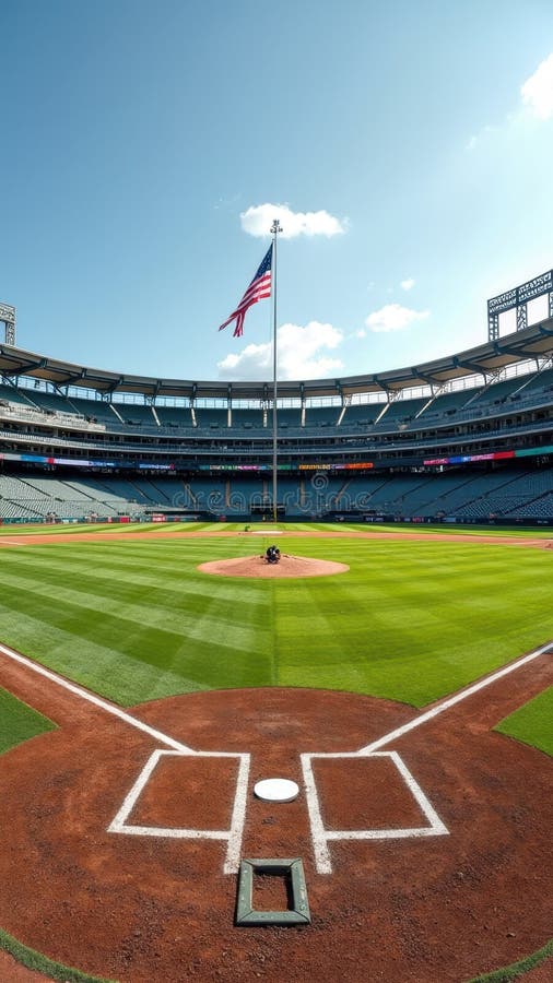 Empty Baseball Stadium with American Flag on Sunny Day Stock Image ...