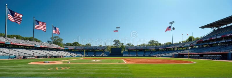 Empty Baseball Stadium with American Flags on a Sunny Day Stock Image ...
