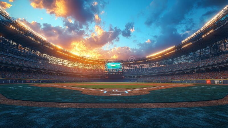 Empty Baseball Stadium at Sunset with Bright Lights Stock Illustration ...