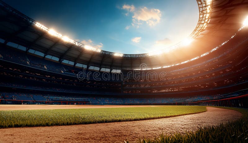 Empty Baseball Stadium at Sunset, Showcasing the Bright Lights and Lush ...