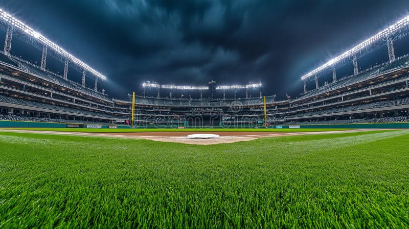 Empty Baseball Stadium Under Dramatic Cloudy Sky at Night Stock ...