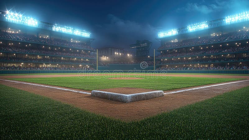 Empty Baseball Stadium Under Stadium Lights at Nighttime Stock Photo ...