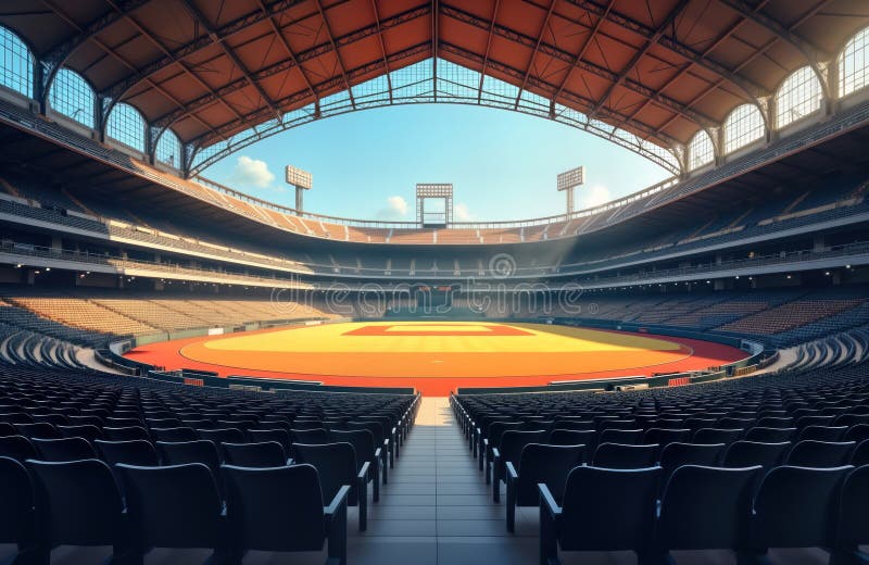 Empty Baseball Stadium Under Natural Light. Spacious Interior with Rows ...