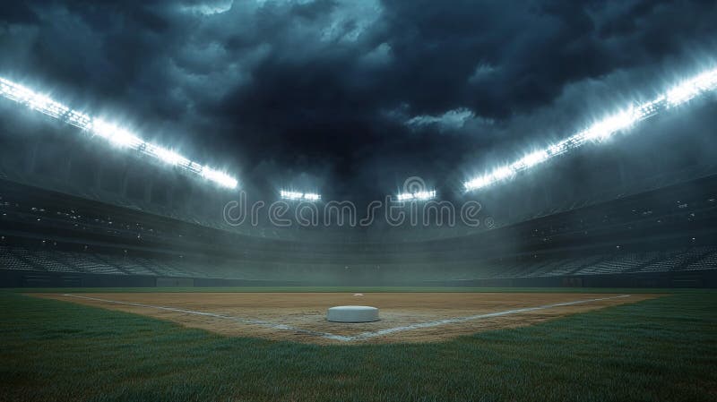 Empty Baseball Stadium Under Stormy Night Sky Stock Illustration ...