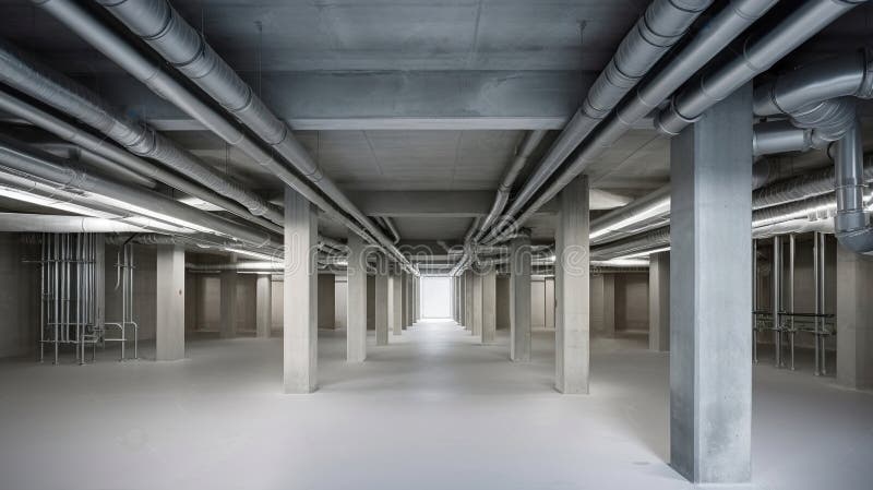 Empty Basement of Modern Building with Concrete Columns with Metal ...