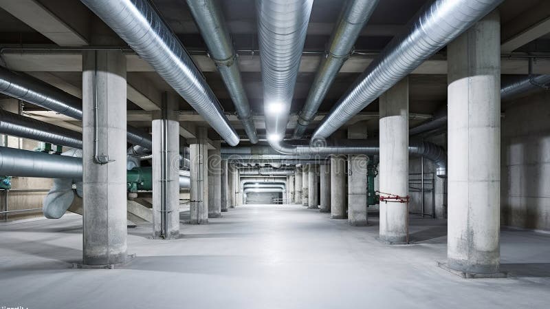 Empty Basement of Modern Building with Concrete Columns with Metal ...