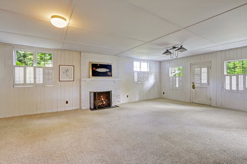 Empty Basement Room with Fireplace Stock Image - Image of american ...