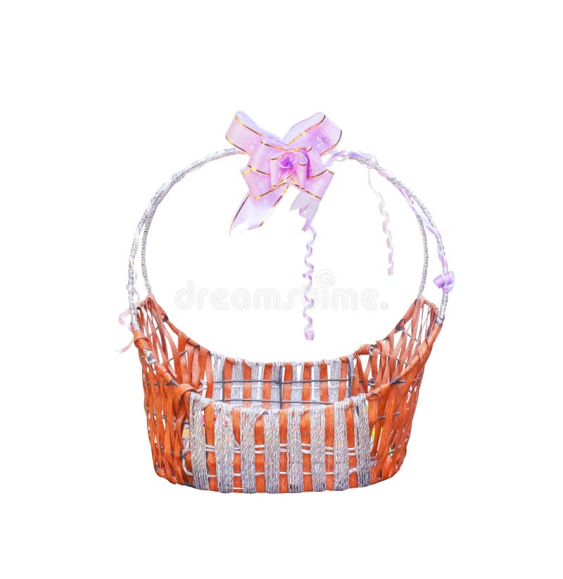 Empty Basket Gift with Pink Ribbon Bow Patterns Isolated on White ...