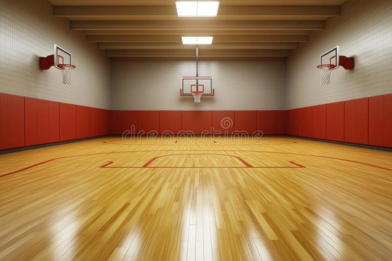 Empty Basketball Court with Three Hoops and Red Padding Stock ...