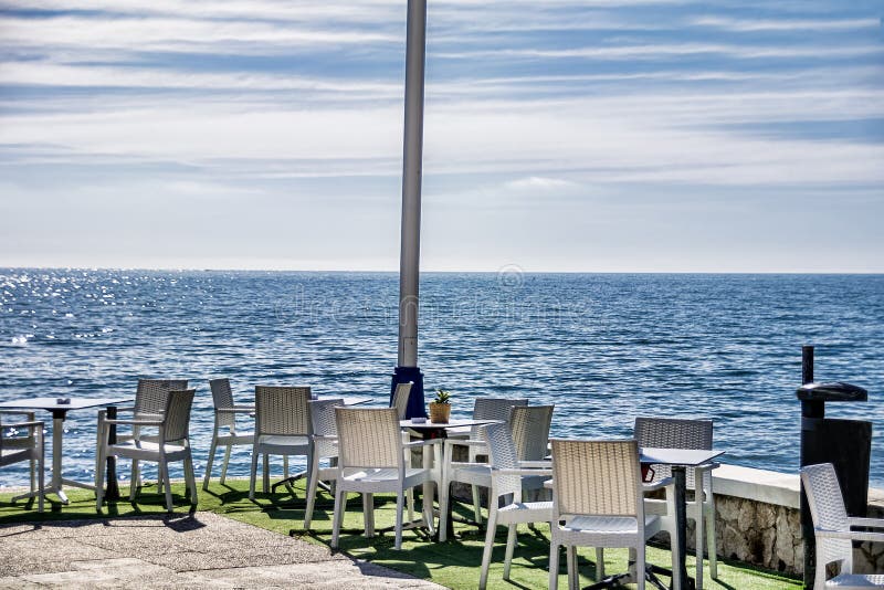 Outdoor Terrace Cafe on Sand Beach Stock Image - Image of nice, empty ...