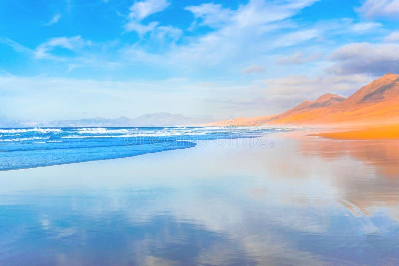 Empty Beach, Cloud Reflection on the Water Surface and Montains with ...