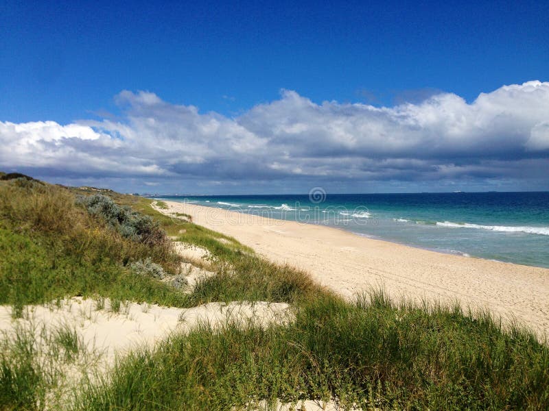 Empty Beach with Cloudy Sky, Green Grass and Blue Ocean in Perth ...