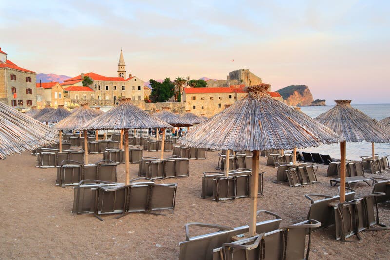 Empty Beach in Old Town at Sunset in Budva, Monternegro Stock Photo ...