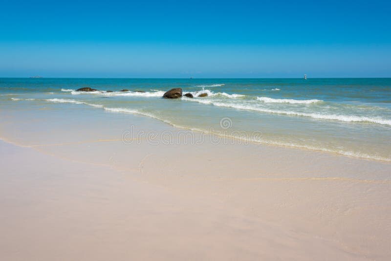 Empty Beach with Sand, Clear Water and Soft Waves Stock Image - Image ...