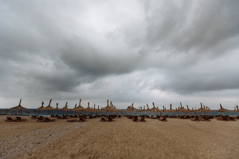 Empty Beach with Sun Umbrellas and Sun Beds. Recreation Area Stock ...