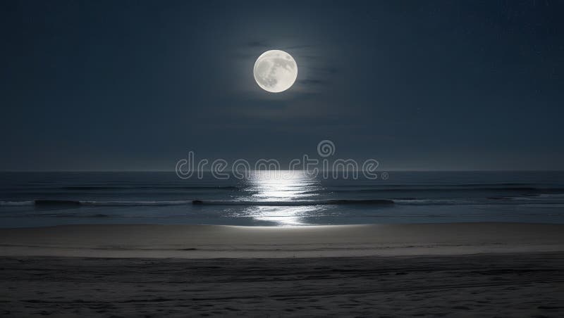 Silent Waves Under the Midnight Moon Stock Illustration - Illustration ...
