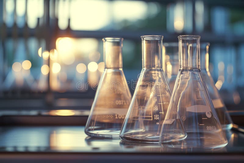 Empty Beakers in a Lab. Laboratory Glassware on a Table Against Blurred ...