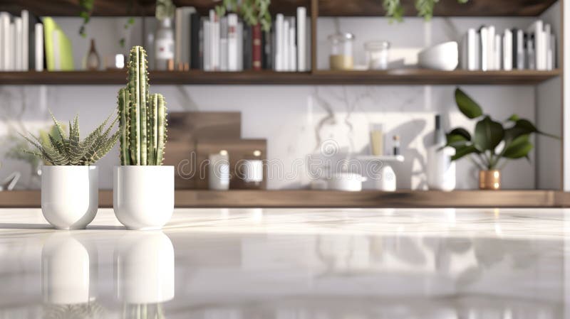 Empty Beautiful Table Top with Cactus and Blur Bokeh Modern Kitchen ...