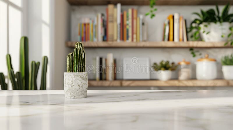 Empty Beautiful Table Top with Cactus and Blur Bokeh Modern Kitchen ...